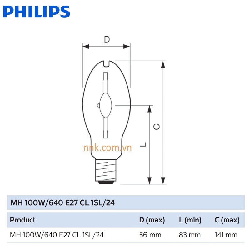 Bóng đèn Metal halide dạng bầu MH 100W E27 CL Philips - Công ty TNHH Thương mại Dịch vụ NNK